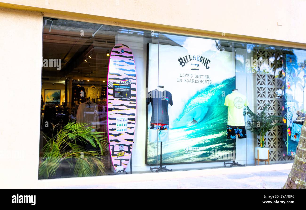 Oahu, Hawaii, USA - February 27th, 2024: Exterior view of the iconic Billabong Kalākaua Ave Surf ...