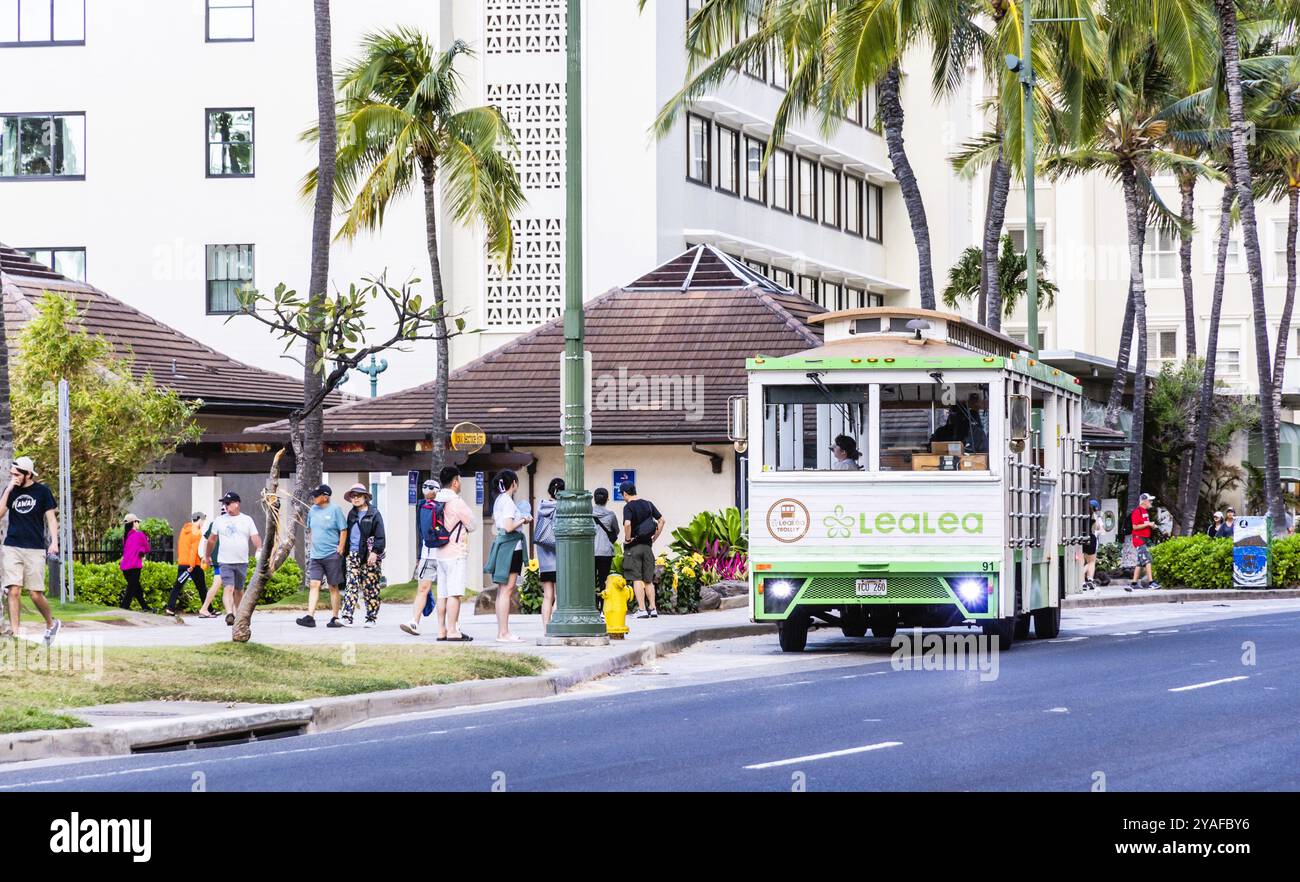 Oahu, Hawaii, USA - February 27th, 2024: LeaLea Trolley is a hop-on hop ...