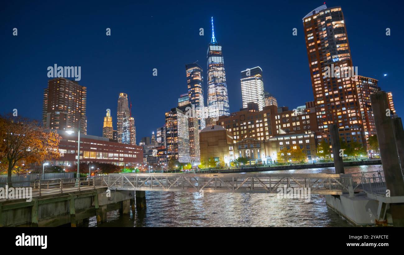 New York skyline at night. World Trade Center at night. Evening walk ...