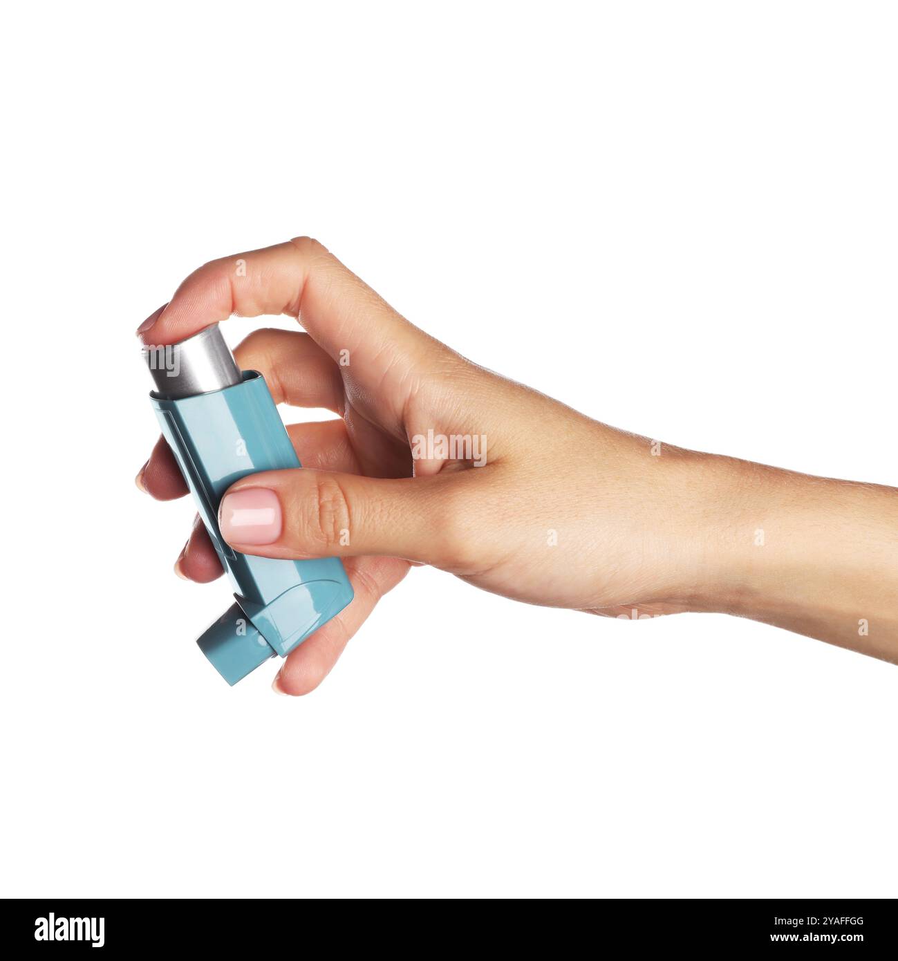 Woman holding asthma inhaler on white background, closeup Stock Photo ...