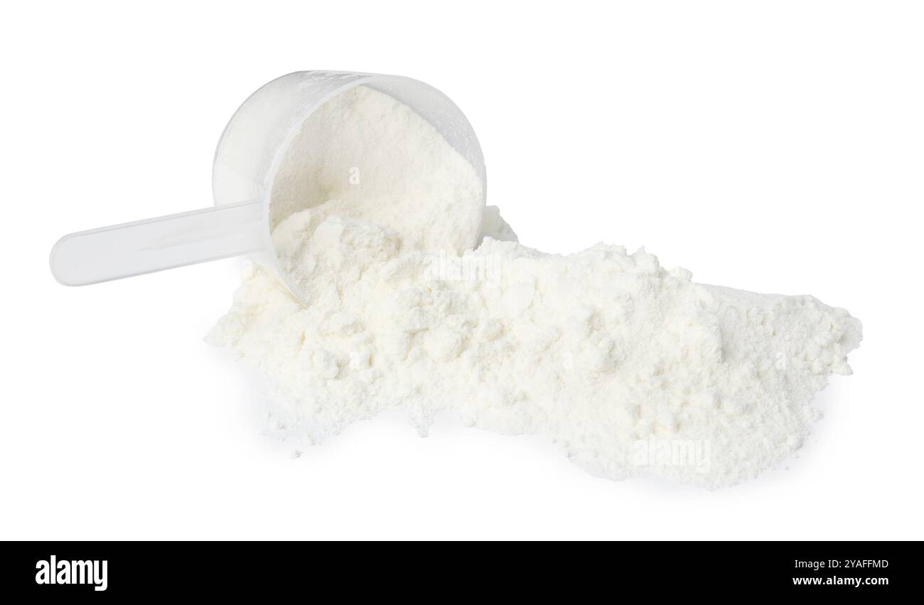 Protein powder and scoop isolated on white Stock Photo - Alamy
