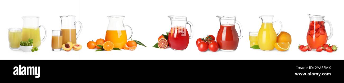 Glass jugs with different juices isolated on white, set Stock Photo - Alamy