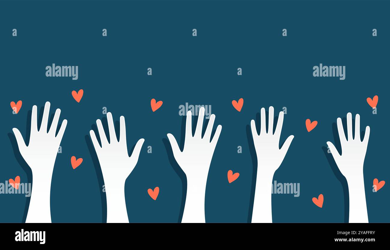 papercut volunteers group raising hand up with love heart vector Stock ...