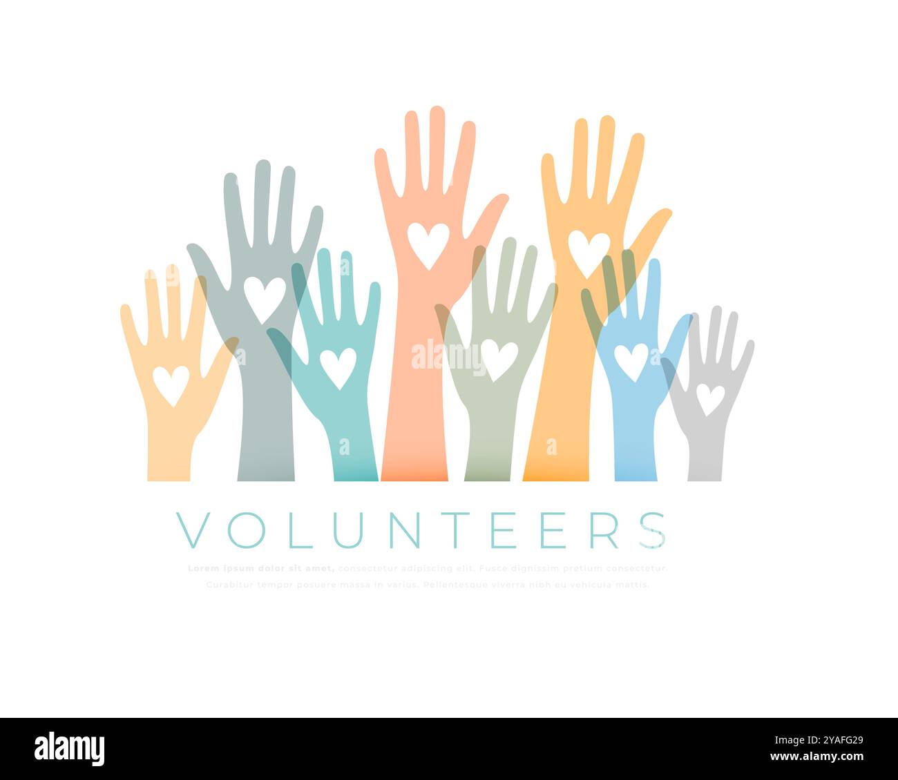 raised colorful volunteers hands concept background with love heart ...
