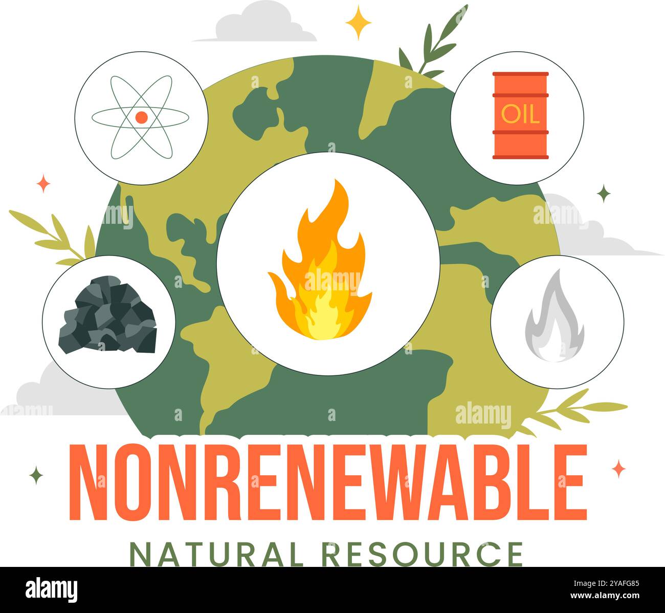 Nonrenewable Natural Energy Resources Vector Illustration Featuring Nuclear, Petroleum, Oil ...