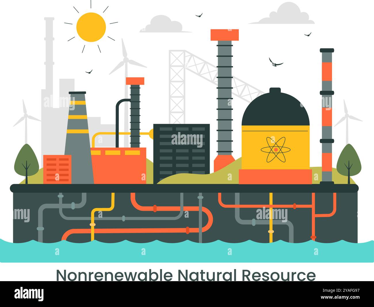 Nonrenewable Natural Energy Resources Vector Illustration Featuring Nuclear, Petroleum, Oil ...