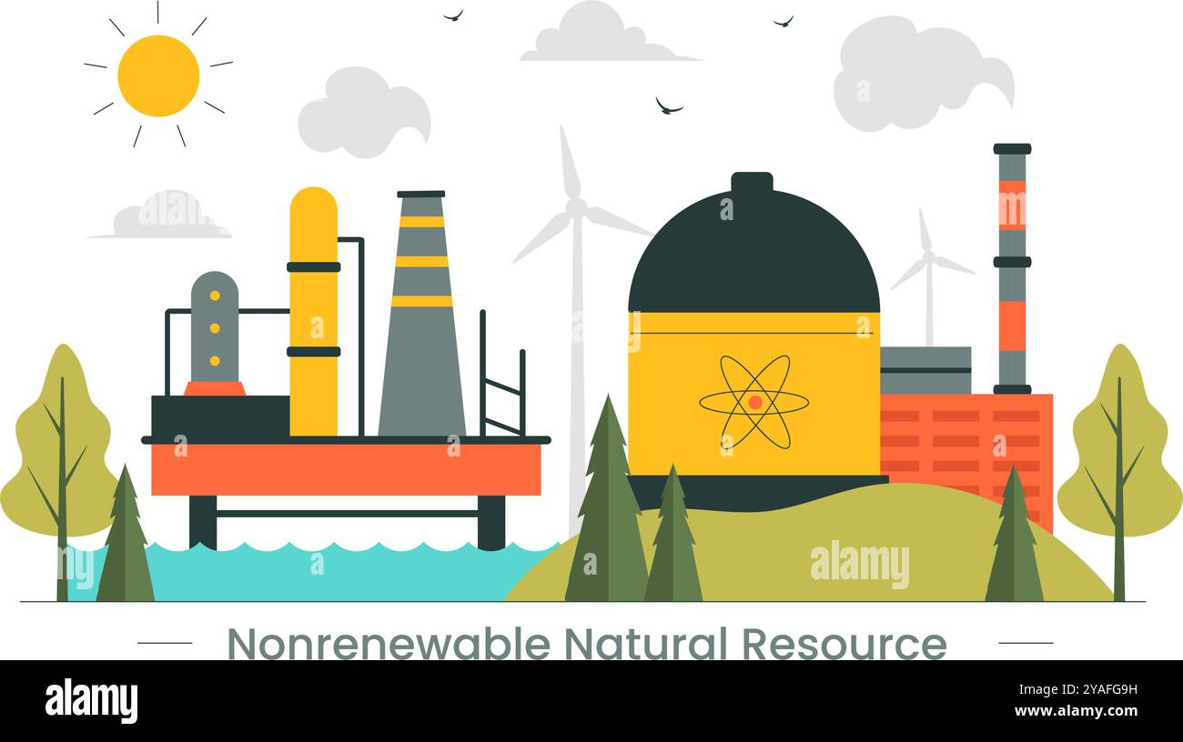 Nonrenewable Natural Energy Resources Vector Illustration Featuring Nuclear, Petroleum, Oil ...