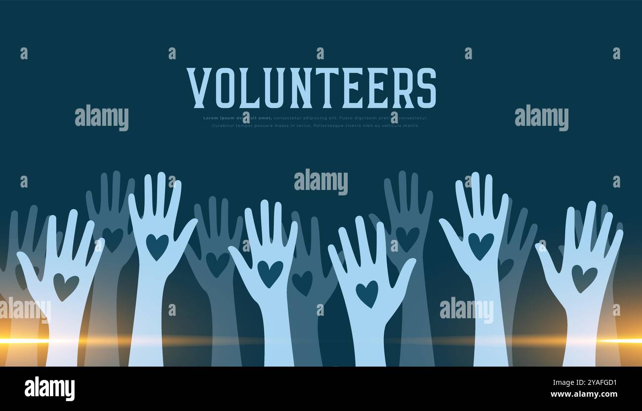 volunteers community raising hand up banner with light effect vector ...
