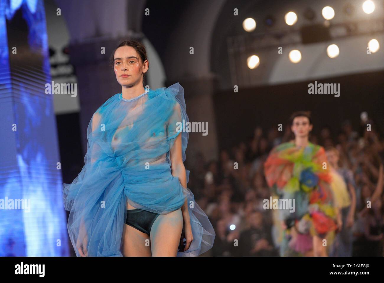 A model walks the runway during the Dino Alves fashion show at ModaLisboa Singular, Lisbon ...