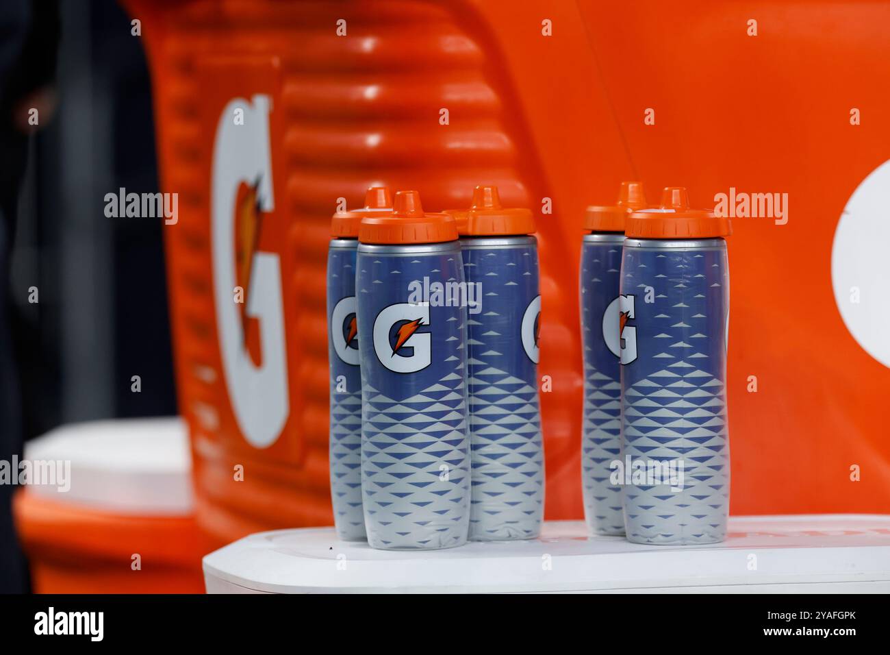 Gatorade water bottles seen in front of a Gatorade cooler after an NFL ...