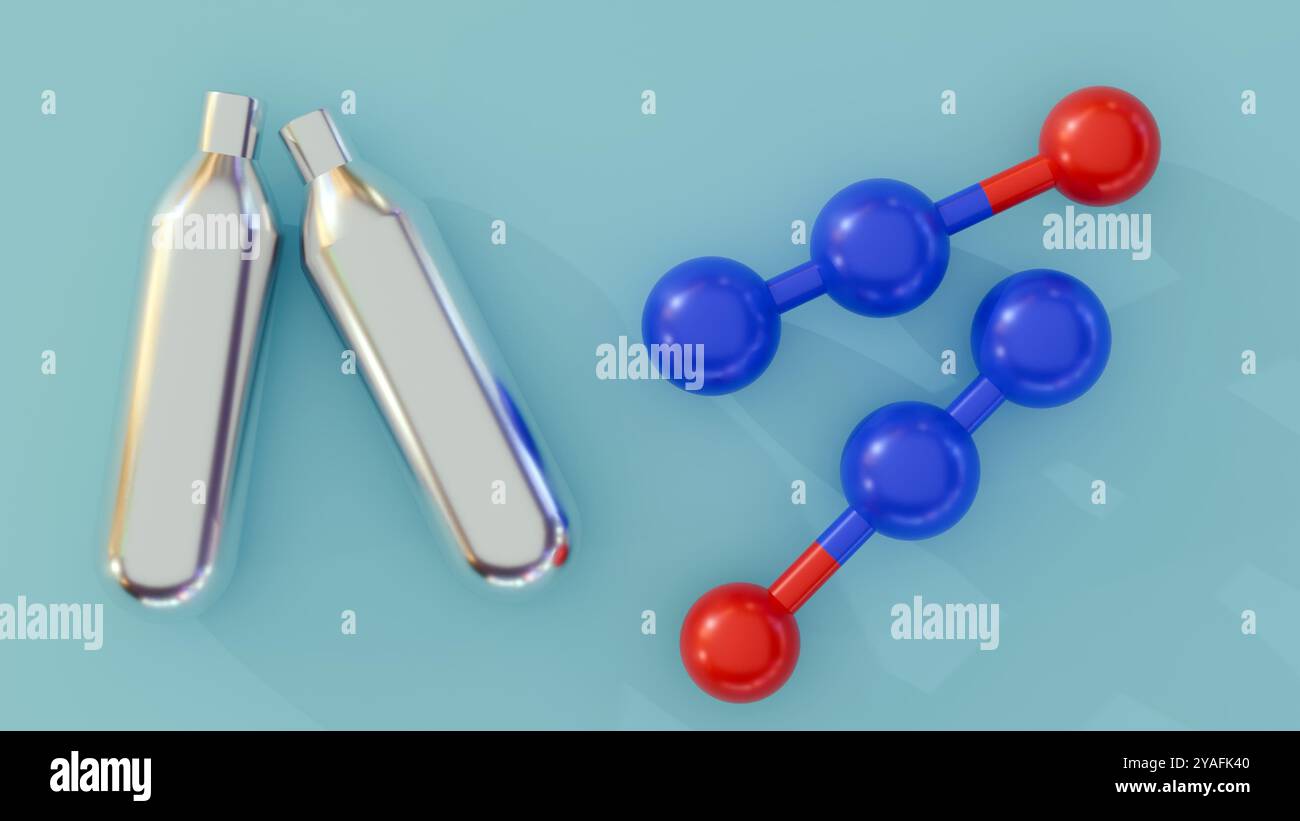 3d rendering of Nitrous oxide (N2O) molecules, also known as laughing ...