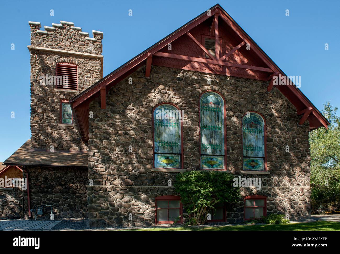 The historical stone Presbyterian Church in Eckert, Colorado Stock ...