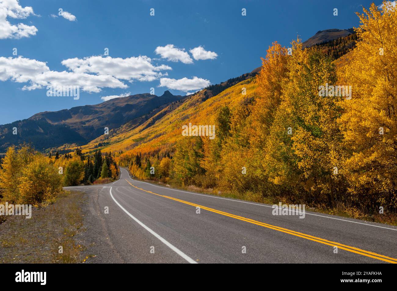 US Hwy 550 near the ghost town of Ironton, Colorado in full Aspen color ...