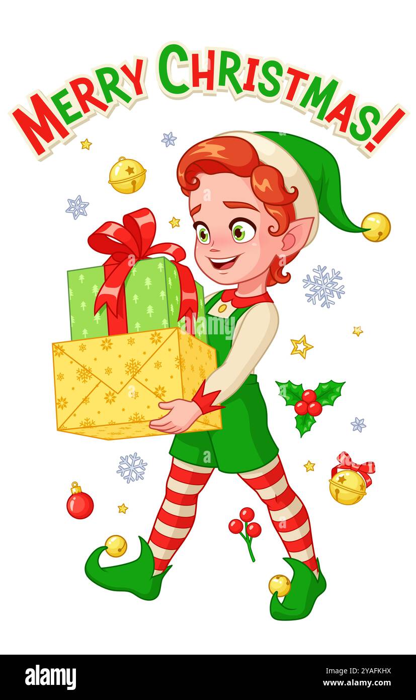 Cute little Elf carrying Christmas gifts. Santas little helper greeting ...