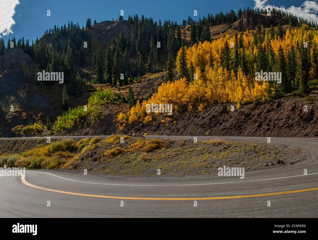 One of the tight curves (switchback) on US Highway 550 between Ouray ...
