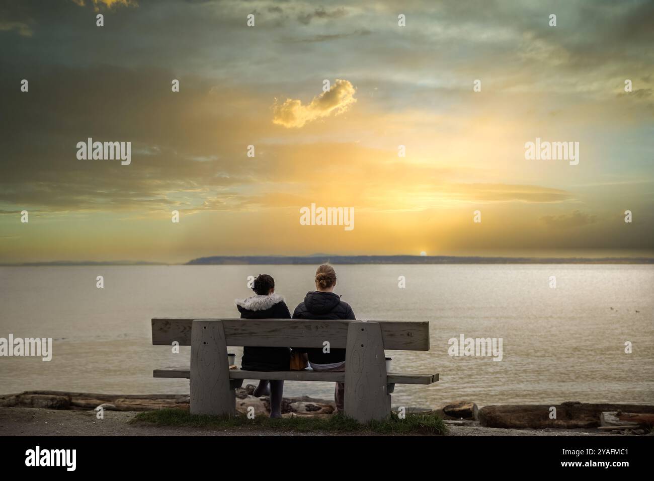 Love couple sitting on bench watching the sunset, back view of Man and ...