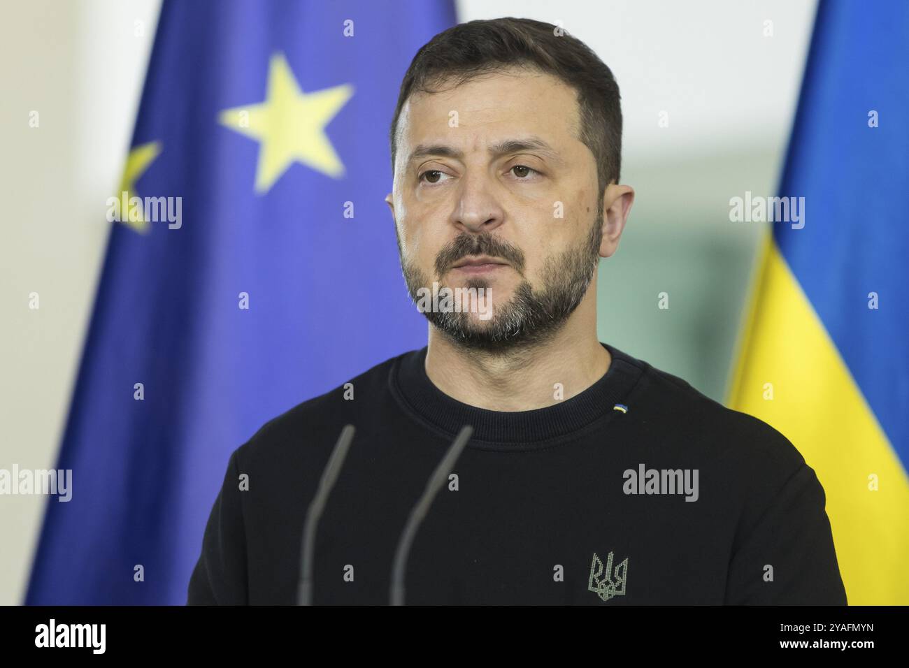 Volodymyr Zelensky (President of Ukraine) gives a press statement ...