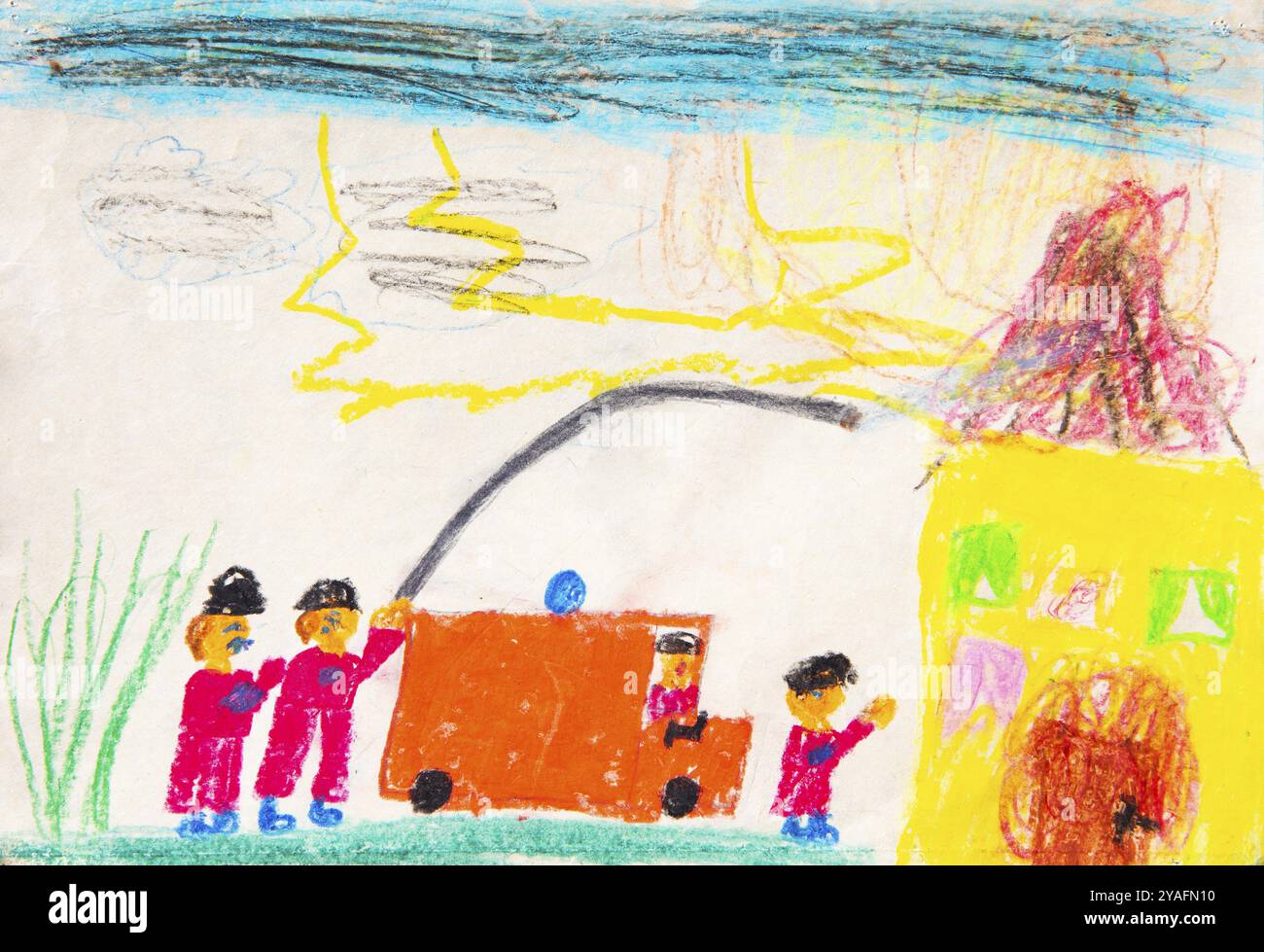 Naive illustration, children's drawing, fire brigade extinguishing a ...