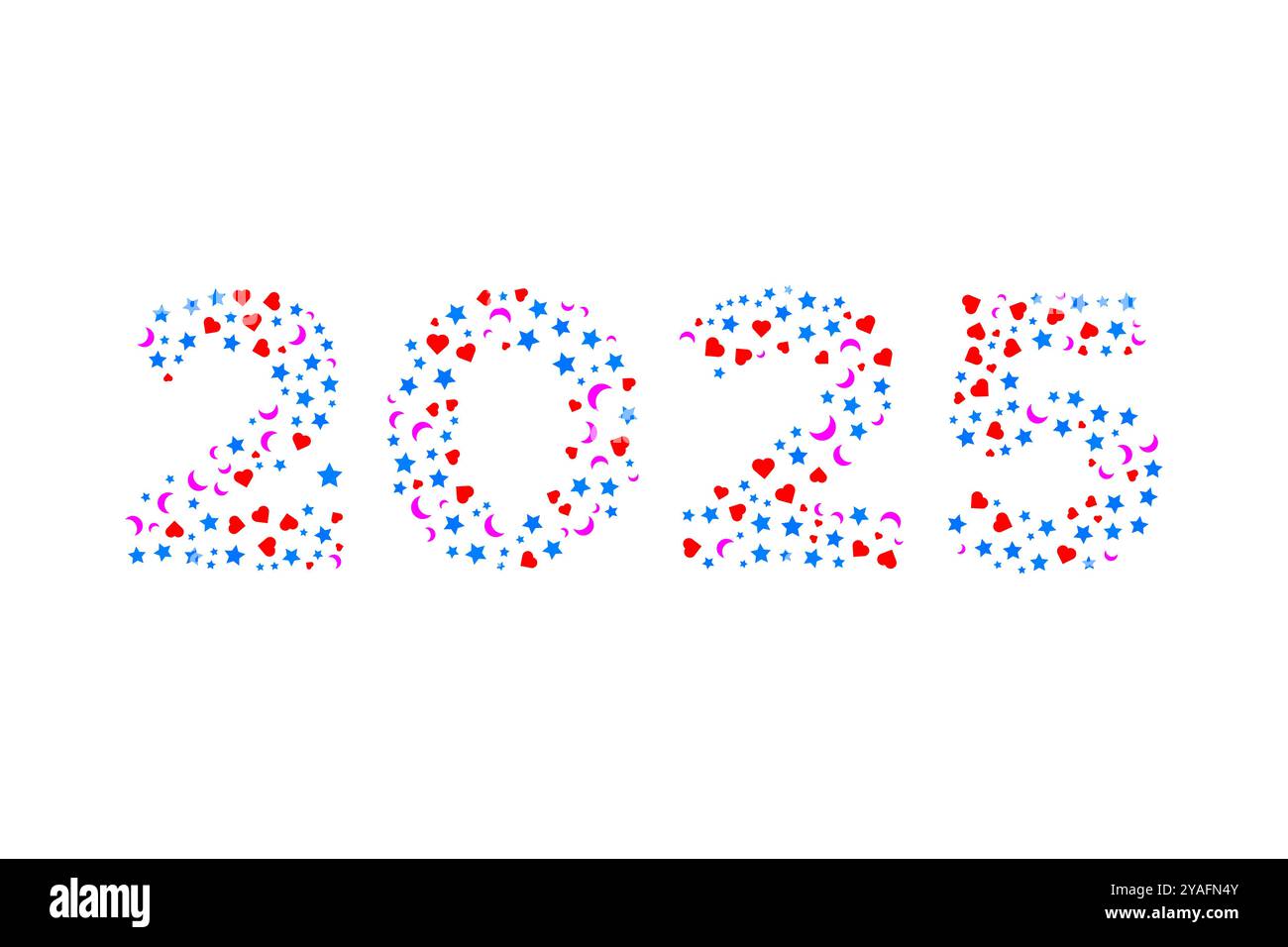 2025 new year text filled with stars moon and hearts symbol pattern ...
