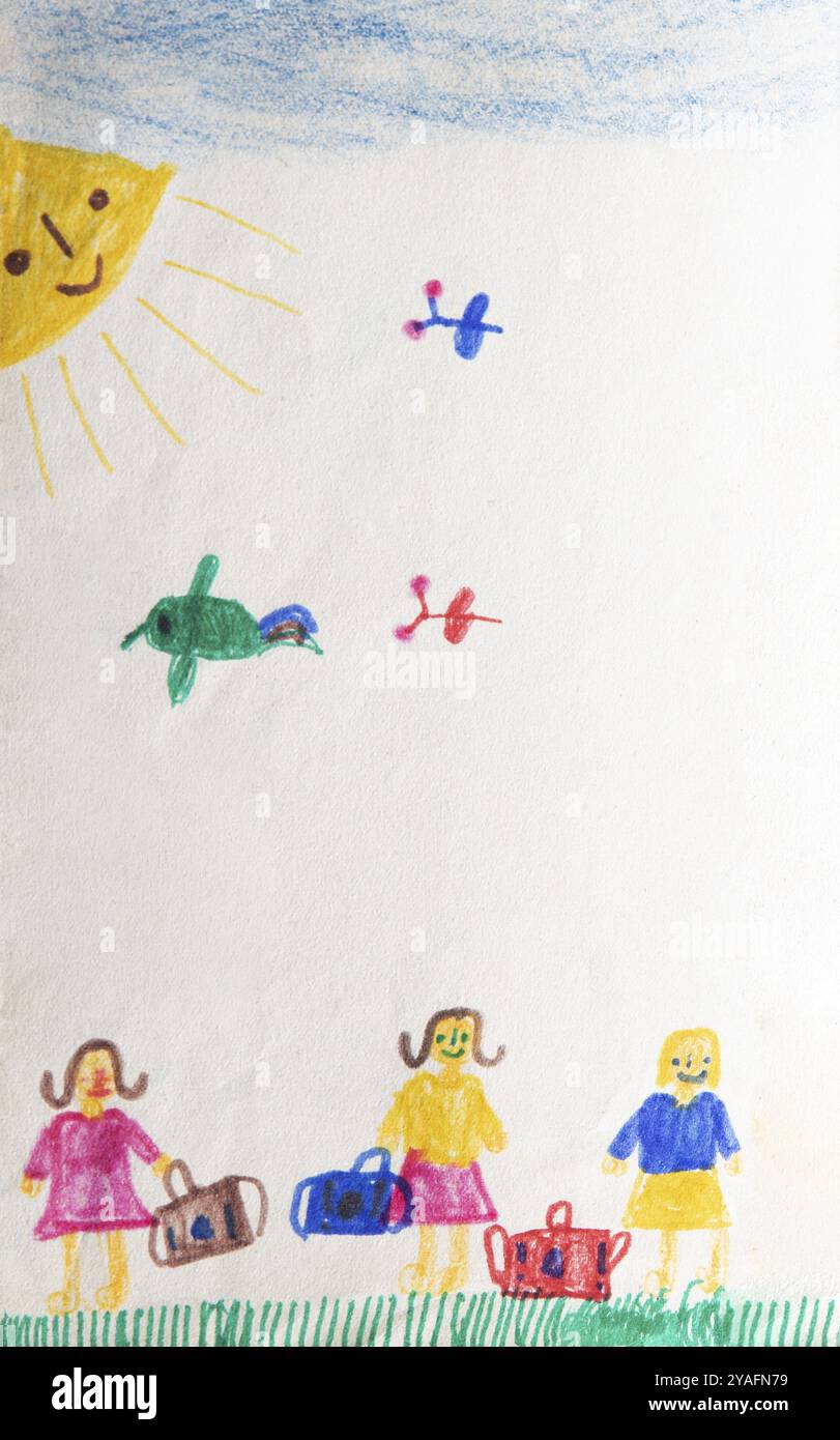 Naive illustration, children's drawing, children with schoolbags on a ...