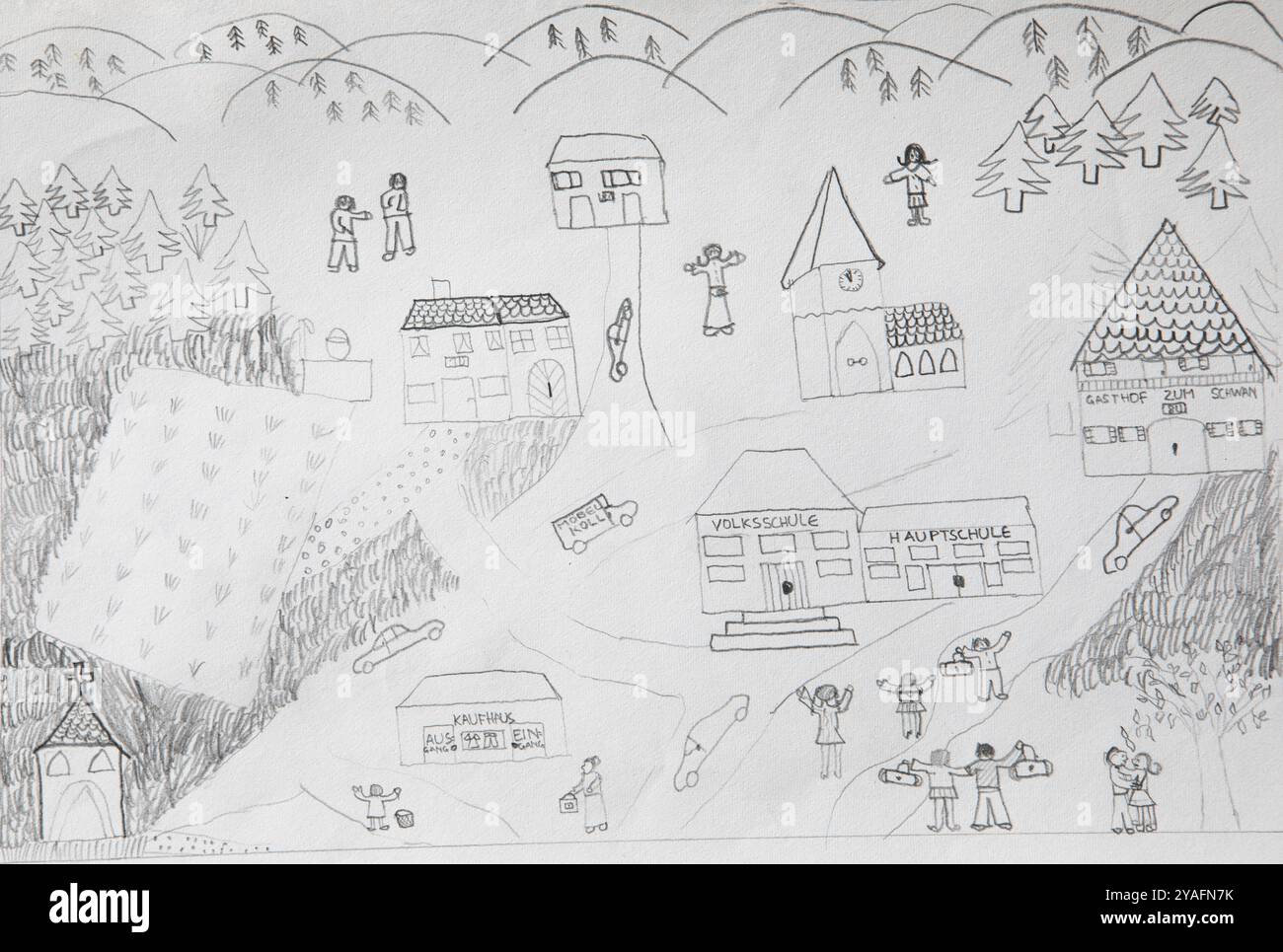 Naive illustration, children's drawing, view of town with houses and ...