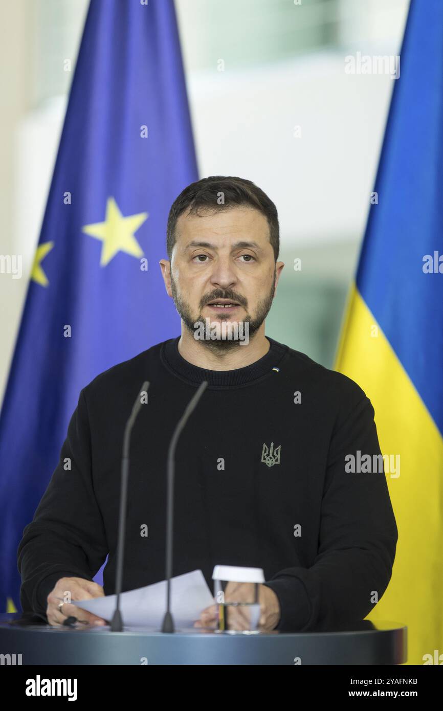 Volodymyr Zelensky (President of Ukraine) gives a press statement ...