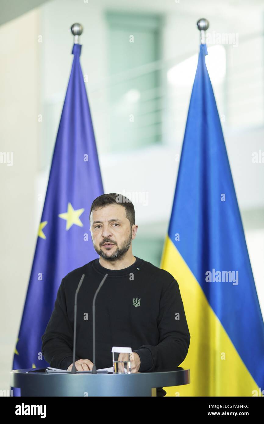 Volodymyr Zelensky (President of Ukraine) gives a press statement ...