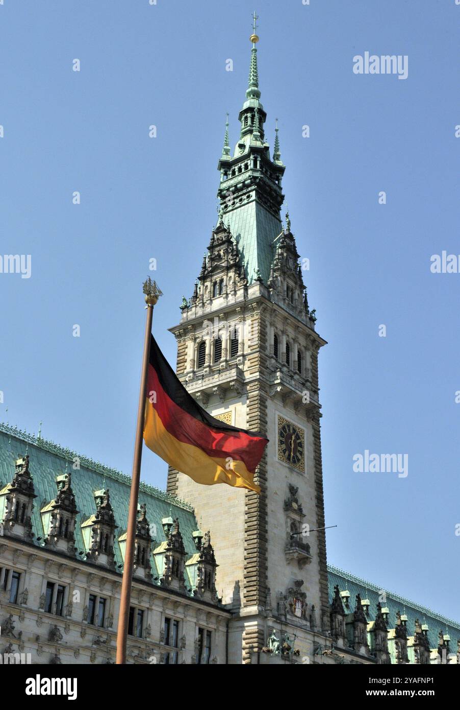 German flag at City Hall tower, Rathausmarkt square, Hamburg, Germany ...