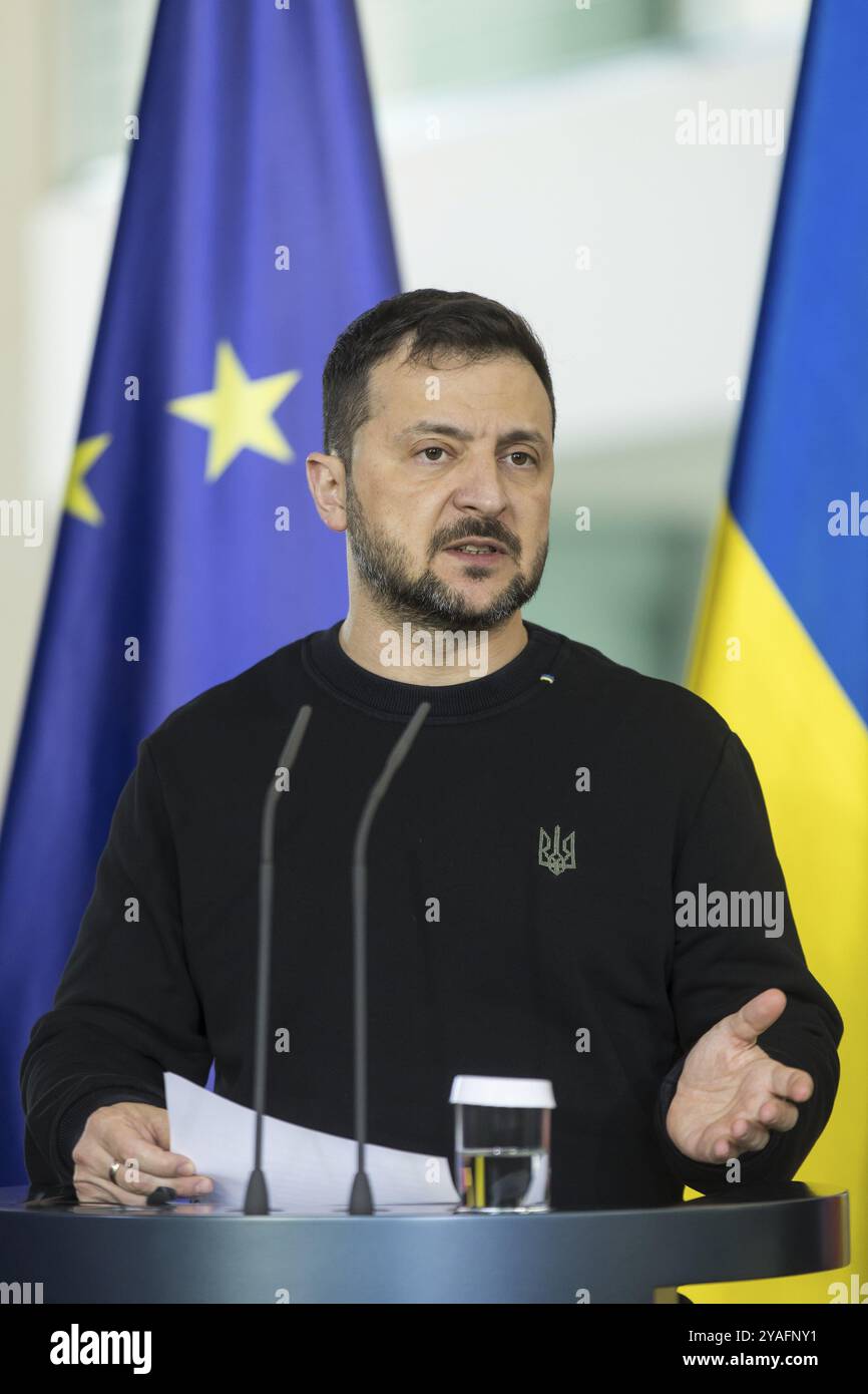Volodymyr Zelensky (President of Ukraine) gives a press statement ...