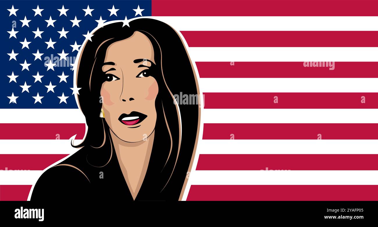Portrait of Kamala Harris in front of the American flag. Illustration ...