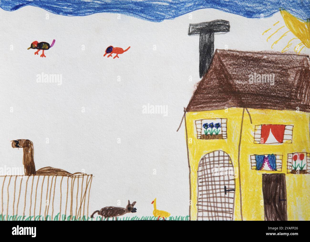 Naive illustration, children's drawing, farm with animals Stock Photo ...