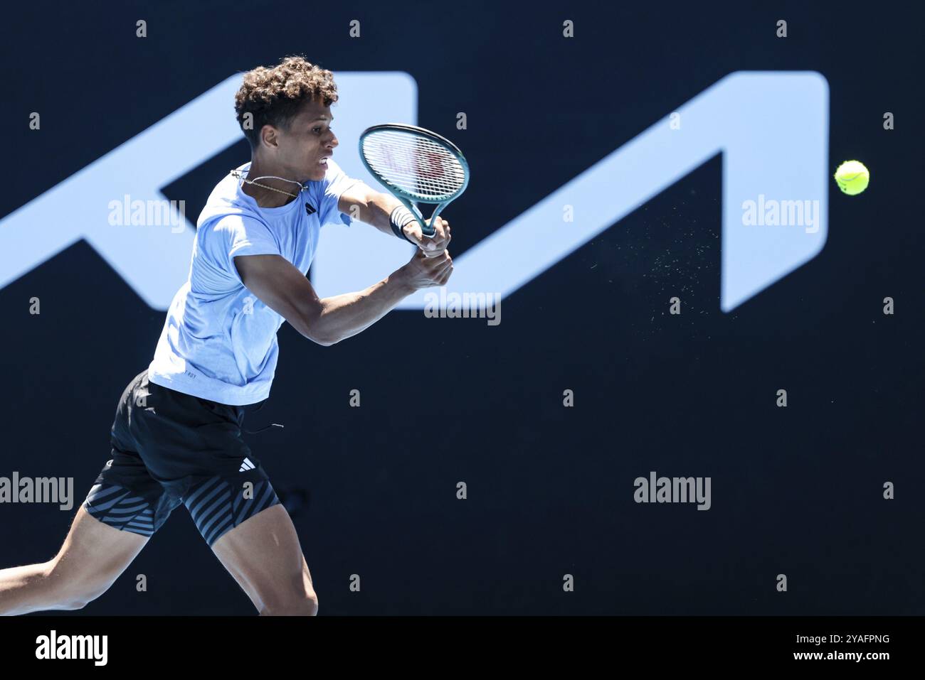 MELBOURNE, AUSTRALIA, JANUARY 11: Gabriel Diallo of Canada on his way to beating Pierre-Hugues ...