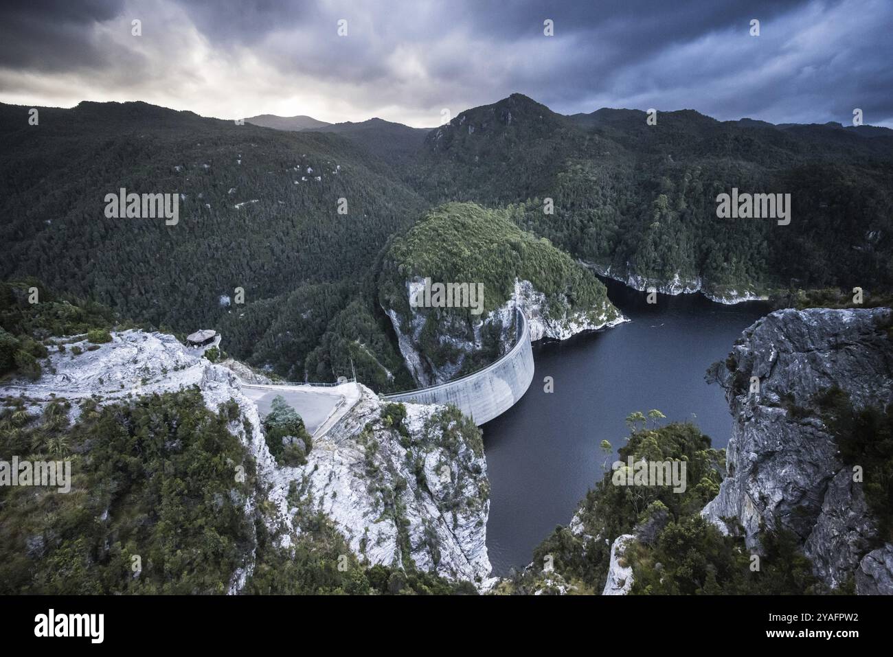 View of the Gordon Dam on a cool summer's day. It is a unique double ...