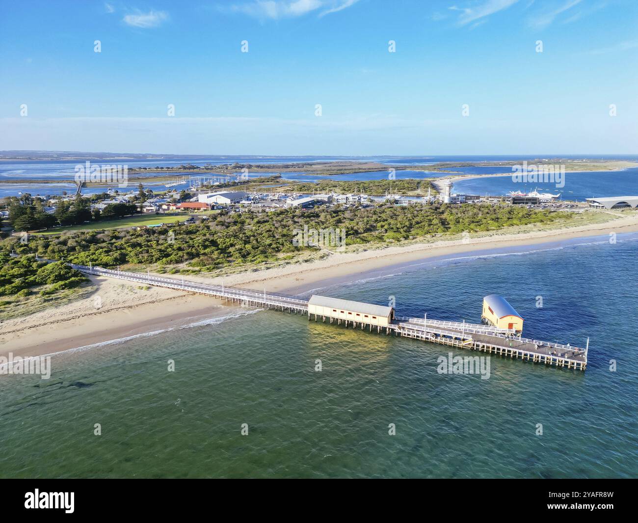 Aerial views of Queenscliff pier and Sorrento ferry area at dusk on a ...