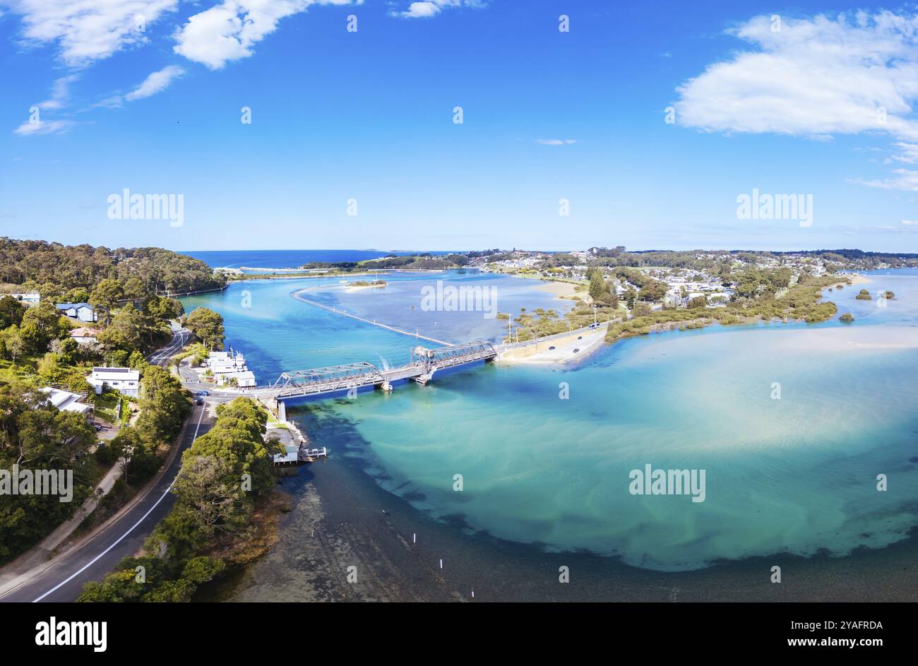 Aerial view of the idyllic coastal town of Narooma wrapped around the ...