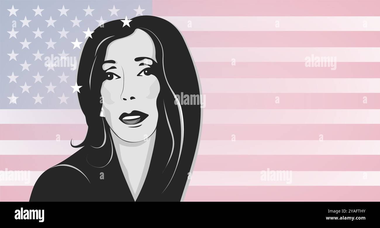 Portrait of Kamala Harris in front of the American flag. Illustration ...