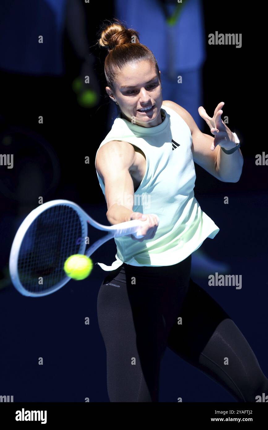 MELBOURNE, AUSTRALIA, JANUARY 11: Maria Sakkari of Greece completes a ...