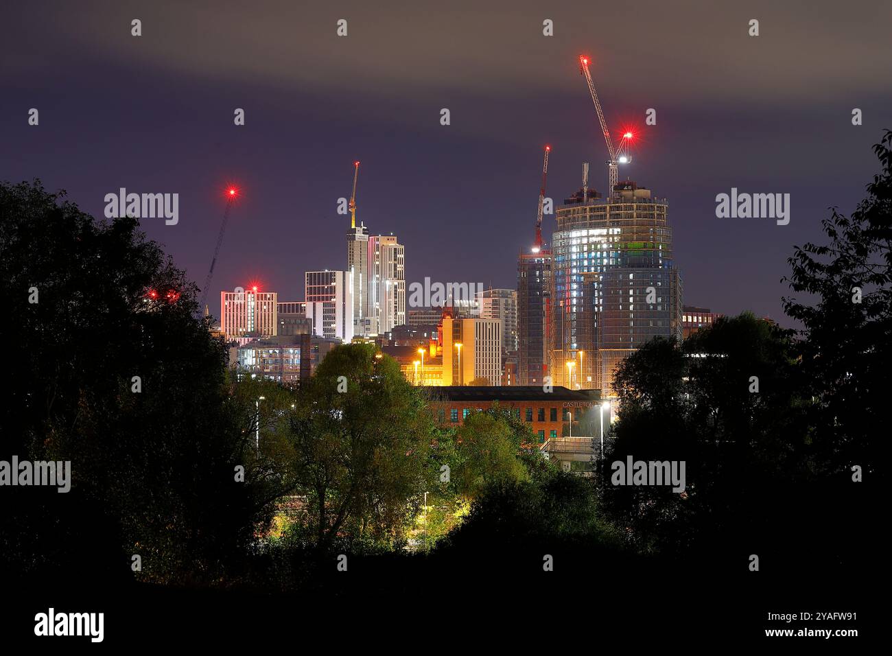 Leeds City Centre skyline at night with various new tall buildings ...