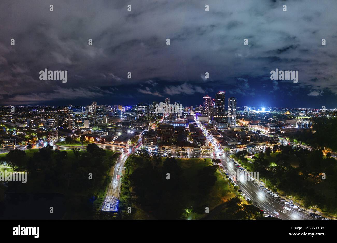 Aerial view at night of Adelaide's famous skyline in Victoria ...