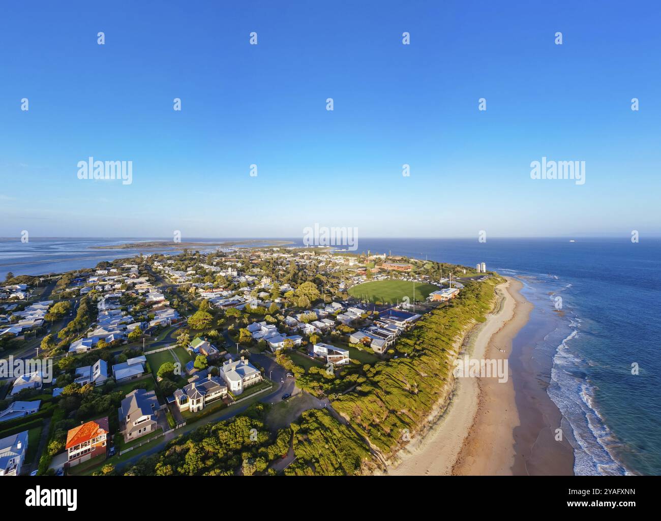 Aerial views of Queenscliff at dusk on a summer's day on the Bellarine Peninsula, Victoria ...