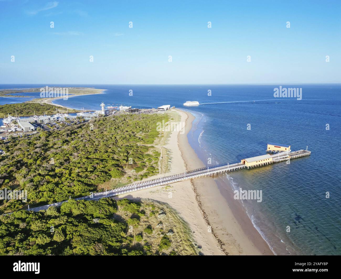Aerial views of Queenscliff pier and Sorrento ferry area at dusk on a ...