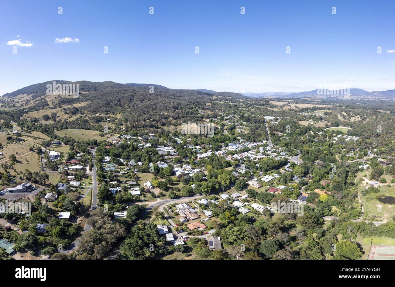 YACKANDANDAH, AUSTRALIA- DECEMBER 29 2023: An aerial view of the ...