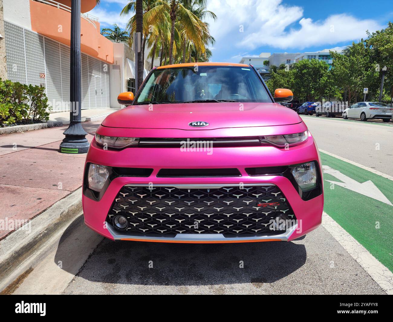 Miami Beach, Florida USA - June 8, 2024: Kia soul pink in ocean drive ...