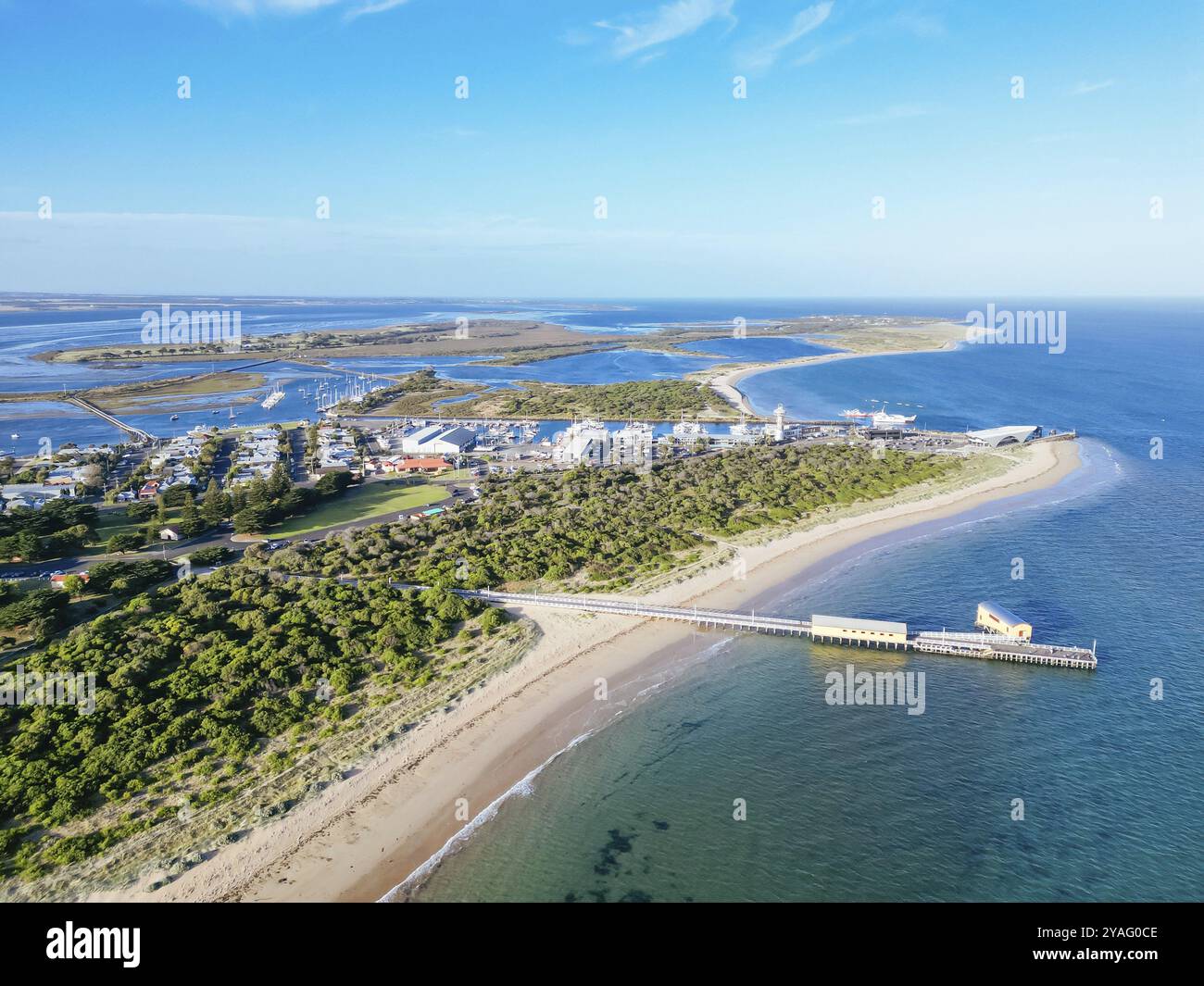 Aerial views of Queenscliff pier and Sorrento ferry area at dusk on a ...