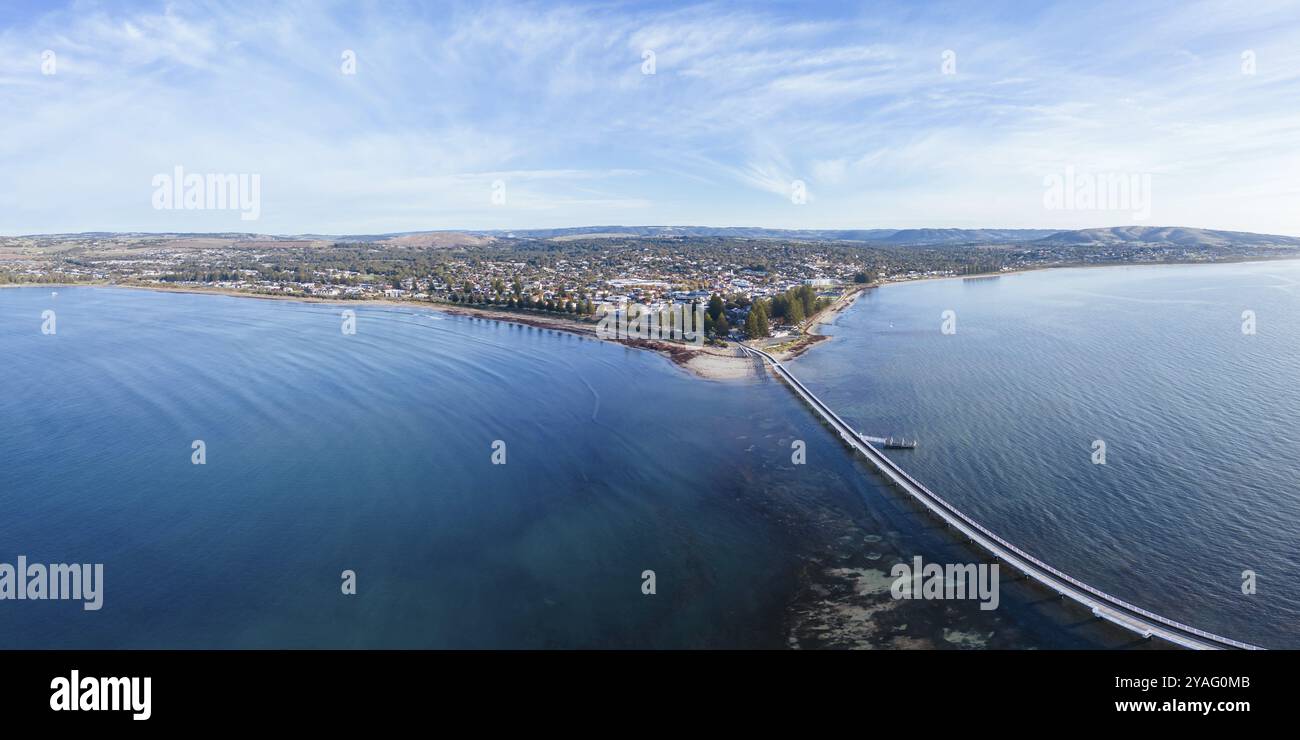 An aerial view of the famous causeway leading to Granite Island ...