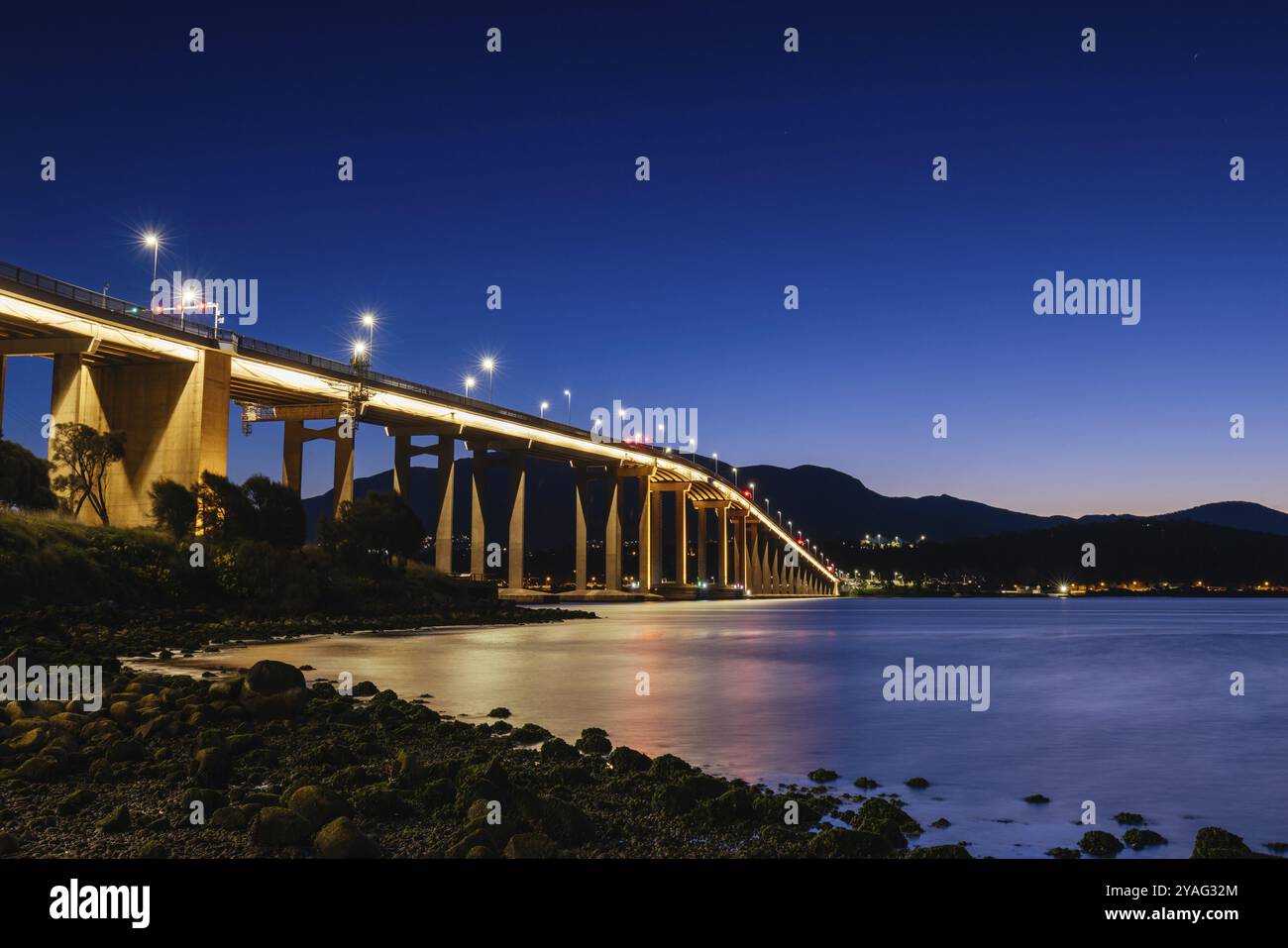 The iconic Tasman Bridge at dusk on a clear spring evening crossing the ...