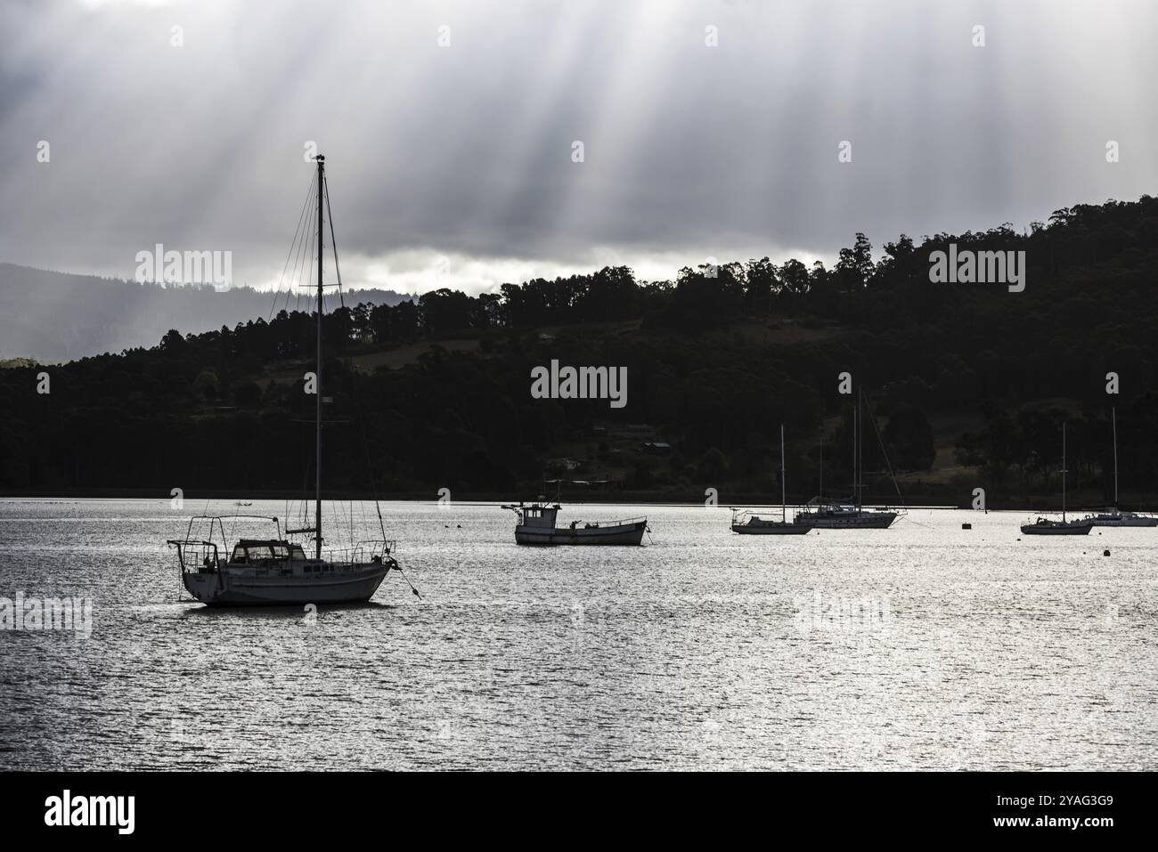 Views of the landscape of Port Huon near sunset on a cool summer's day ...