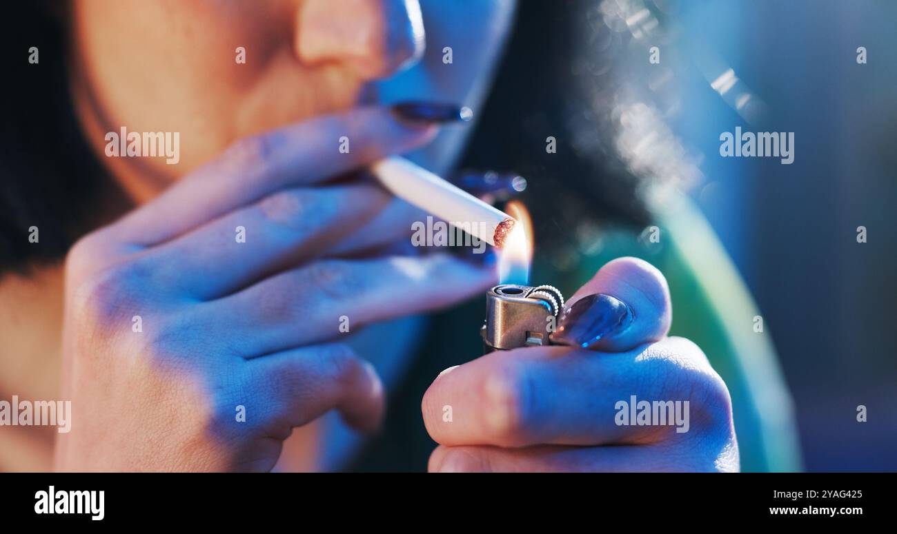 Smoking, lighter and hands of woman with cigarette for nicotine ...