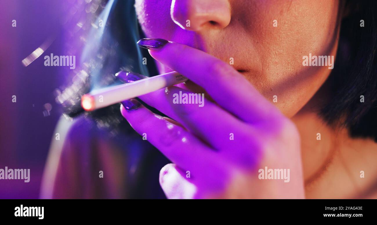 Smoking, party and hands of woman with cigarette for nicotine, tobacco ...