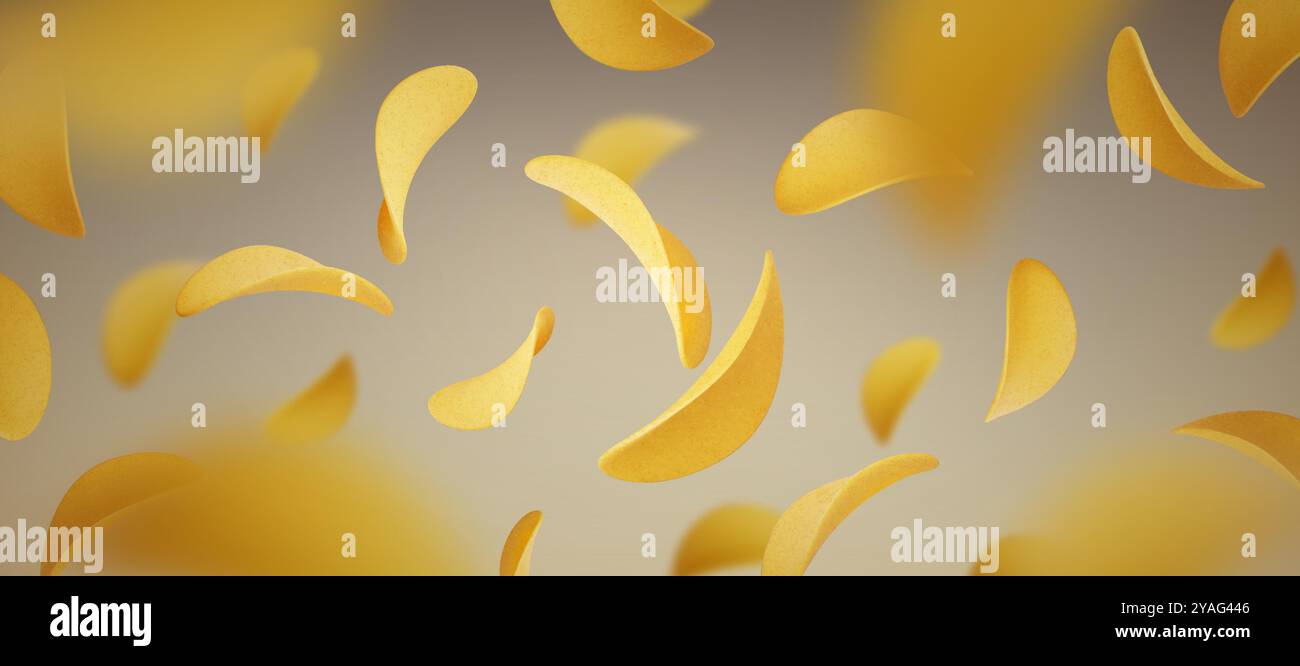 3d crisp potato chip floating. Snack food explosion vector background ...